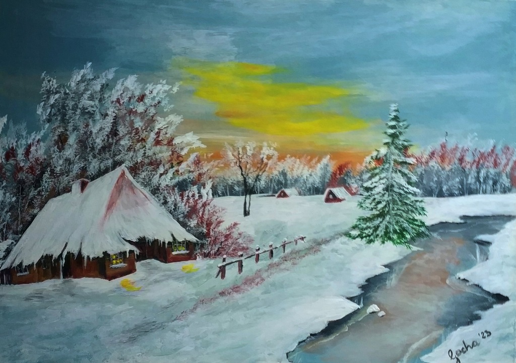 ZIMA NA WSI, bardzo duży obraz olejny, Galeria Gochy - 14884115001 ...