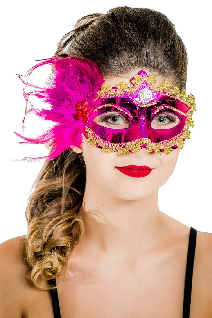 Maska Wenecka Bal Maskowy Balowa LUX pióra różowa - 7035120424 ...