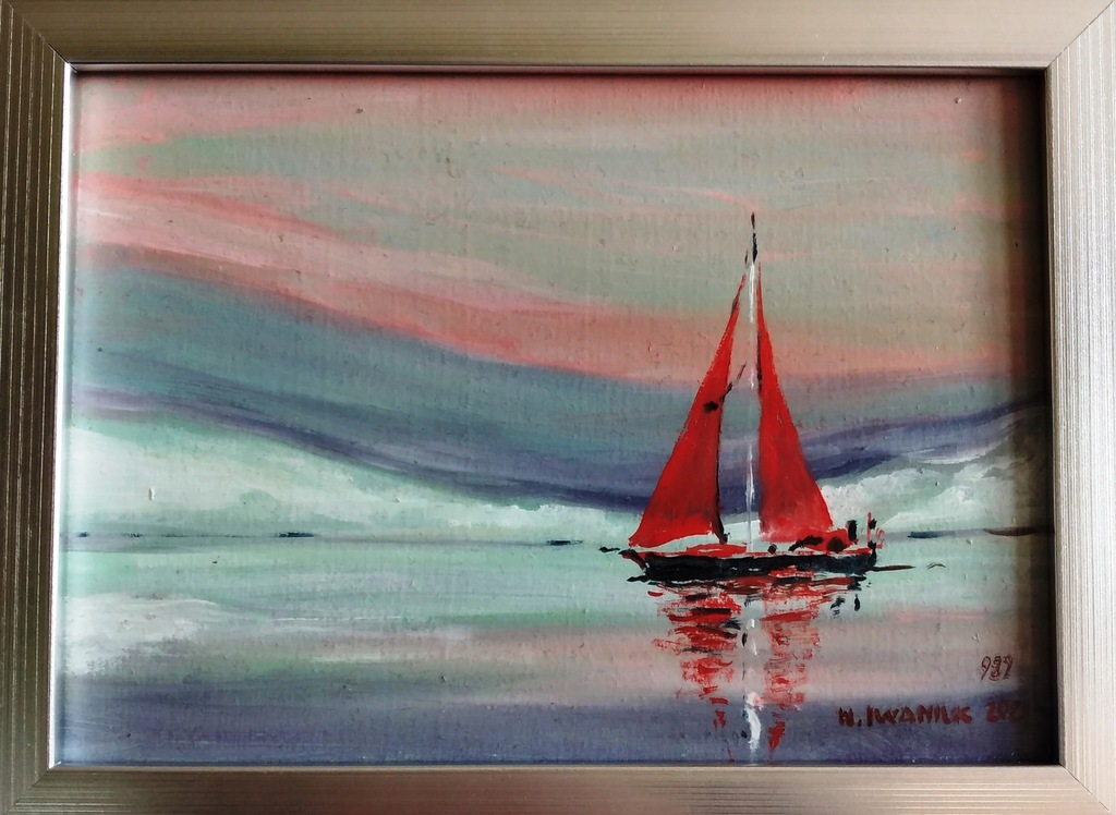 Malowany obraz olejny łódka z czerwonym żaglem - 13265233149 - oficjalne archiwum Allegro