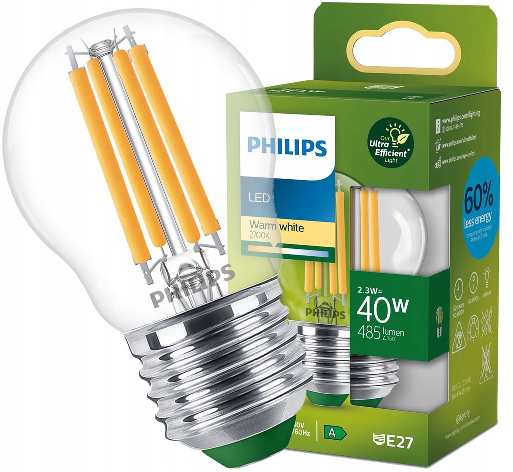 PHILIPS Żarówka LED E27 2,3W = 40W 2700K FILAMENT Ultra Efficient KULKA P45 - 15522816403 ...