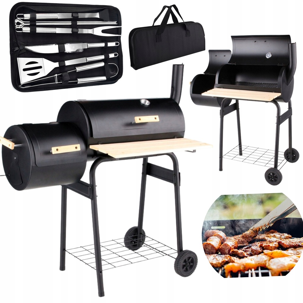 GRILL OGRODOWY GRIL WĘGLOWY Z POKRYWĄ Z PÓŁKAMI ZAMYKANY BECZKA ...