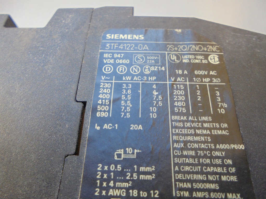 Купить КОНТАКТОР SIEMENS 3TF41 22E 220V 20A 5.5KW 3 ШТ.: отзывы, фото и ...