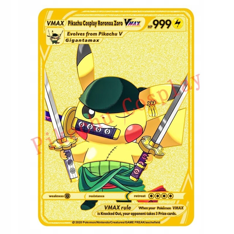 ZŁOTA KARTA POKEMON 999HP PIKACHU COSPLAY ZORO - 12813897796 ...
