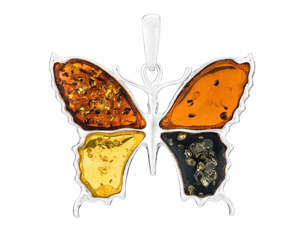 Kolorowy MOTYLEK srebrny wisiorek MOTYL bursztyn - 11923285332 ...