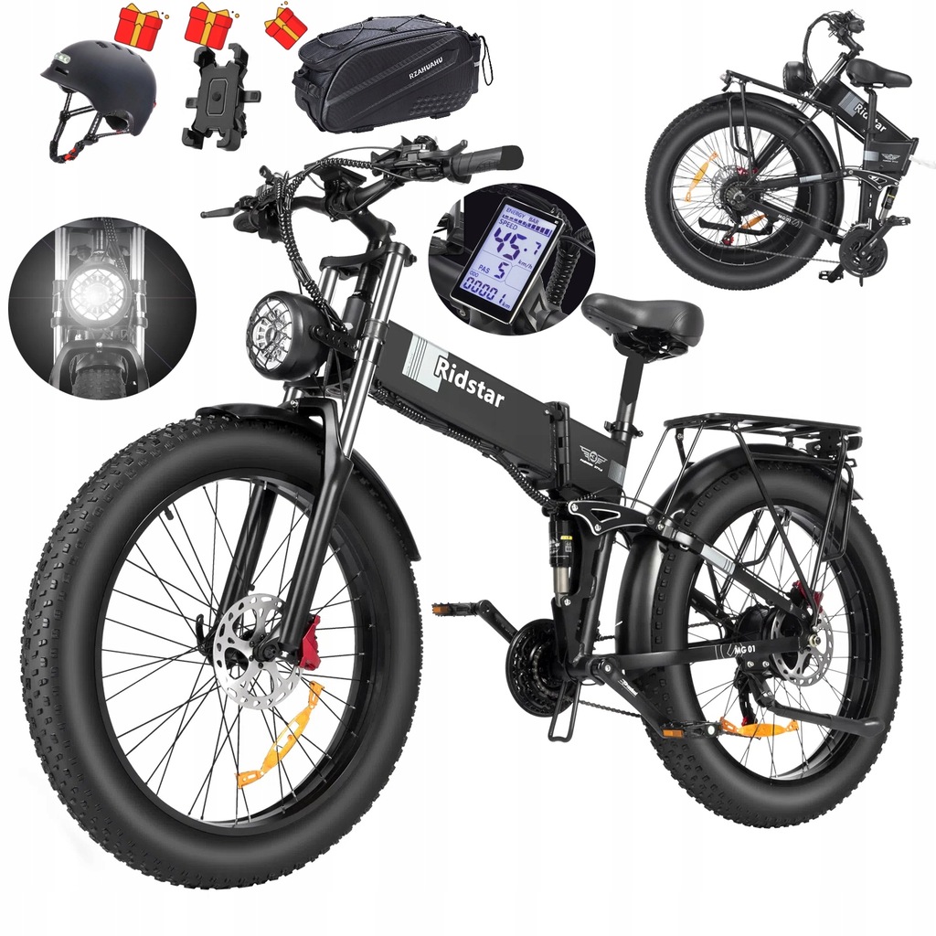 Rower elektryczny składany Ridstar H26 PRO 48V 20Ah 1500W 26'' 21 ...