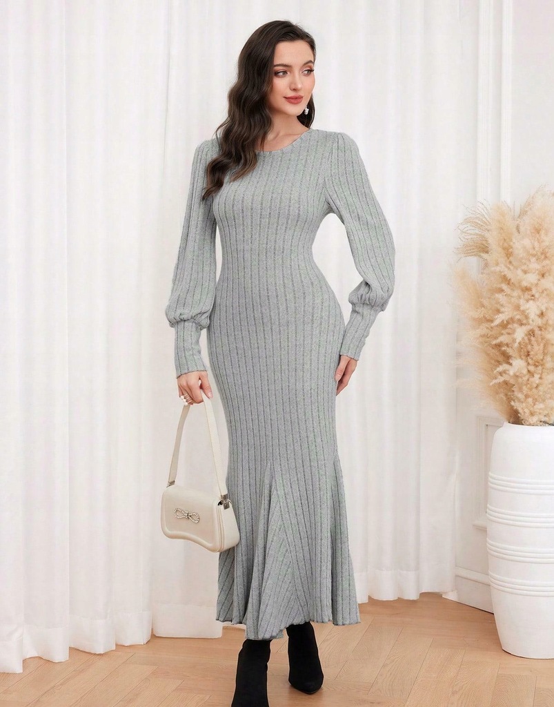 SZARA DZIANINOWA PRĄŻKOWANA KLASYCZNA PROSTA SUKIENKA MAXI SHEIN 36 - 16045431328 - oficjalne ...