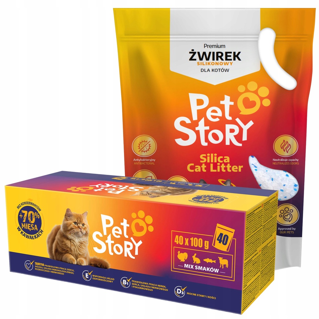 Petstory Karma pełnoporcjowa mokra dla kota MIX 70% mięsa 40x100g + Żwirek - 14200853854 ...