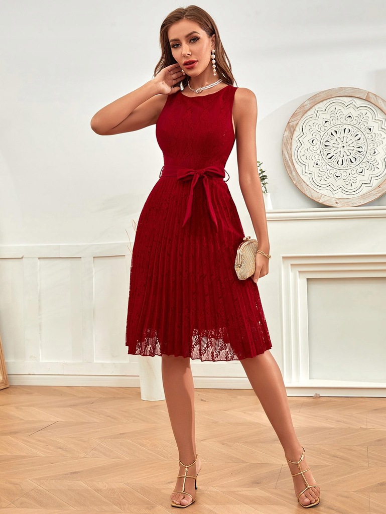 C12T007 SUKIENKA PLISOWANA KORONKA BORDO SHEIN 36 - 13400675908 - oficjalne archiwum Allegro