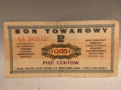 Polska - Pewex - bon towarowy - 5 centów 1969 - seria Ea - 14471687213 ...