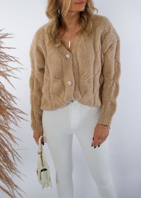 SWETER BEŻOWY ROZPINANY MIĘKKI BEŻ ZŁOTY GUZIK - 12935894133 ...