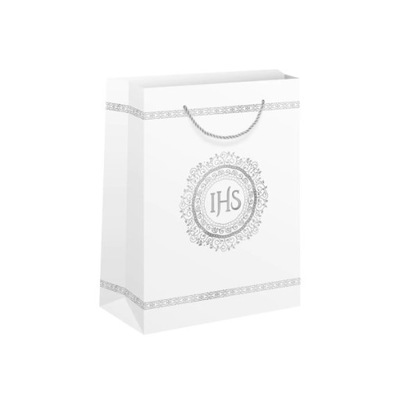 Torebka na prezenty komunijna IHS biało-srebrna - 13273870726 - oficjalne archiwum Allegro