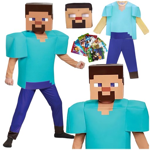 MINECRAFT KOSTIUM STEVE STRÓJ NA BAL PRZEBIERAŃCÓW 134 / 140 + KARTY ...