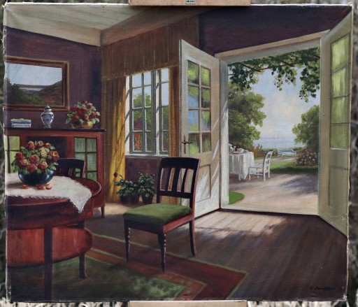 C.RASSMUSEN WNĘTRZE DOMU CENNY STARY OBRAZ OLEJNY NA PŁÓTNIE • Cena ...