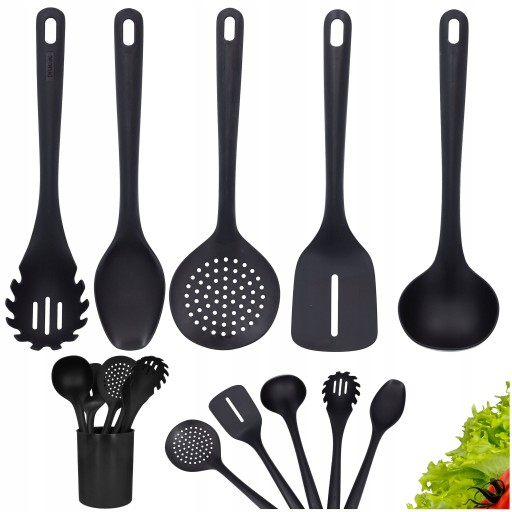 Nylon KITCHEN Utensils SET with container, black, complete, 5 pcs ...