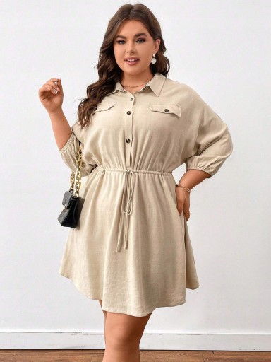 SHEIN BEŻOWA SUKIENKA KOSZULOWA Z DOMIESZKĄ LNU XXL 03403 • Cena, Opinie • Sukienki 17060730031 ...