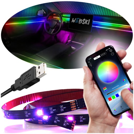 TAŚMA PASEK LED RGB NA PORT USB OŚWIETLENIE DO WNĘTRZA SAMOCHODU AUTA ...