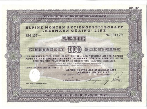 Alpine Montan Herman Goring Linz 1939 Akció / Kötvény 100 RM za 4605 ...