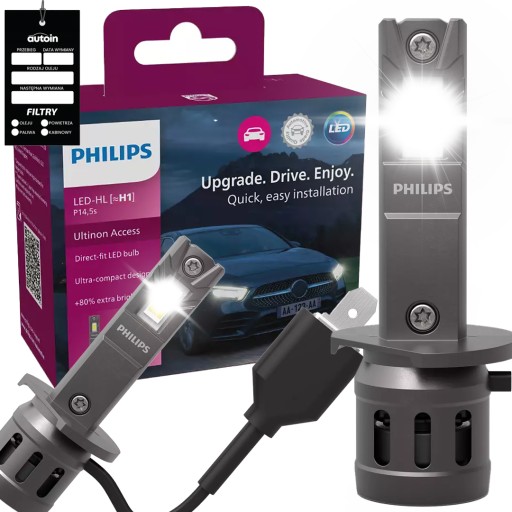 MOCNE ŻARÓWKI LED H1 PHILIPS ULTINON ACCESS ŁATWY MONTAŻ BIAŁE 6000K ...