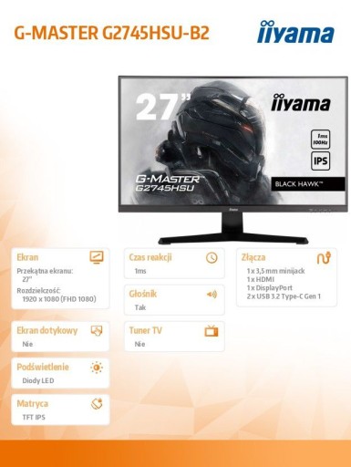 Monitor 27" iiyama G-Master Black Hawk G2745HSU-B2 IPS LED 1ms 100Hz ...