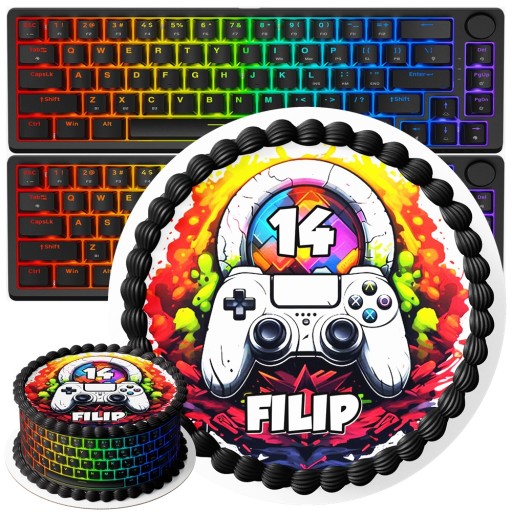 Opłatek na tort KONSOLA PLAY gamer gracz + 2 OBWODY KLAWIATURA + NAPIS ...