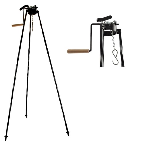 STOJAK TRÓJNÓG NA OGNISKO KORBKA KOŁOWROTEK ŁAŃCUCH KOCIOŁEK RUSZT ...