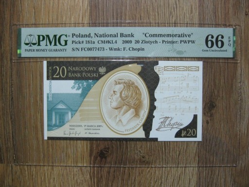 BANKNOT 20 ZŁOTYCH FRYDERYK CHOPIN 2009 ROK GRADING PMG 66 UNC | Końskie | Kup teraz na Allegro ...